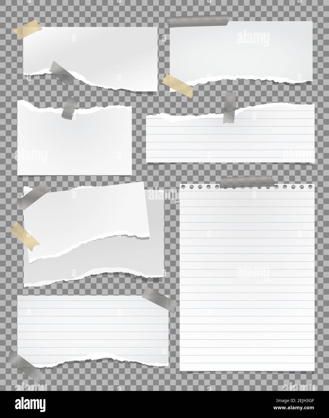 Set of torn lined white note, notebook paper pieces stuck with sticky ...