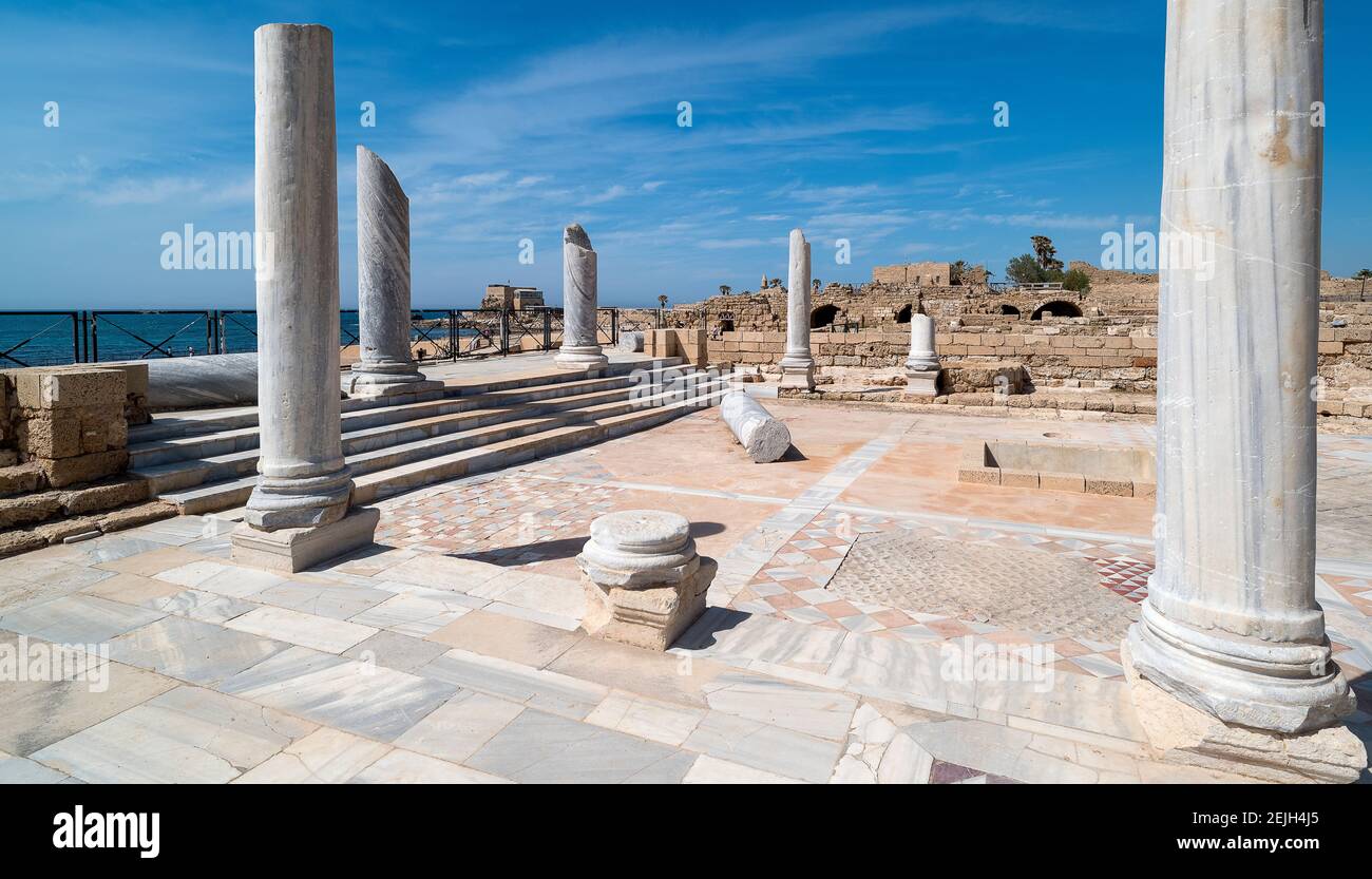 Columns in archaeological site in ancient port city of Caesarea, Israel ...