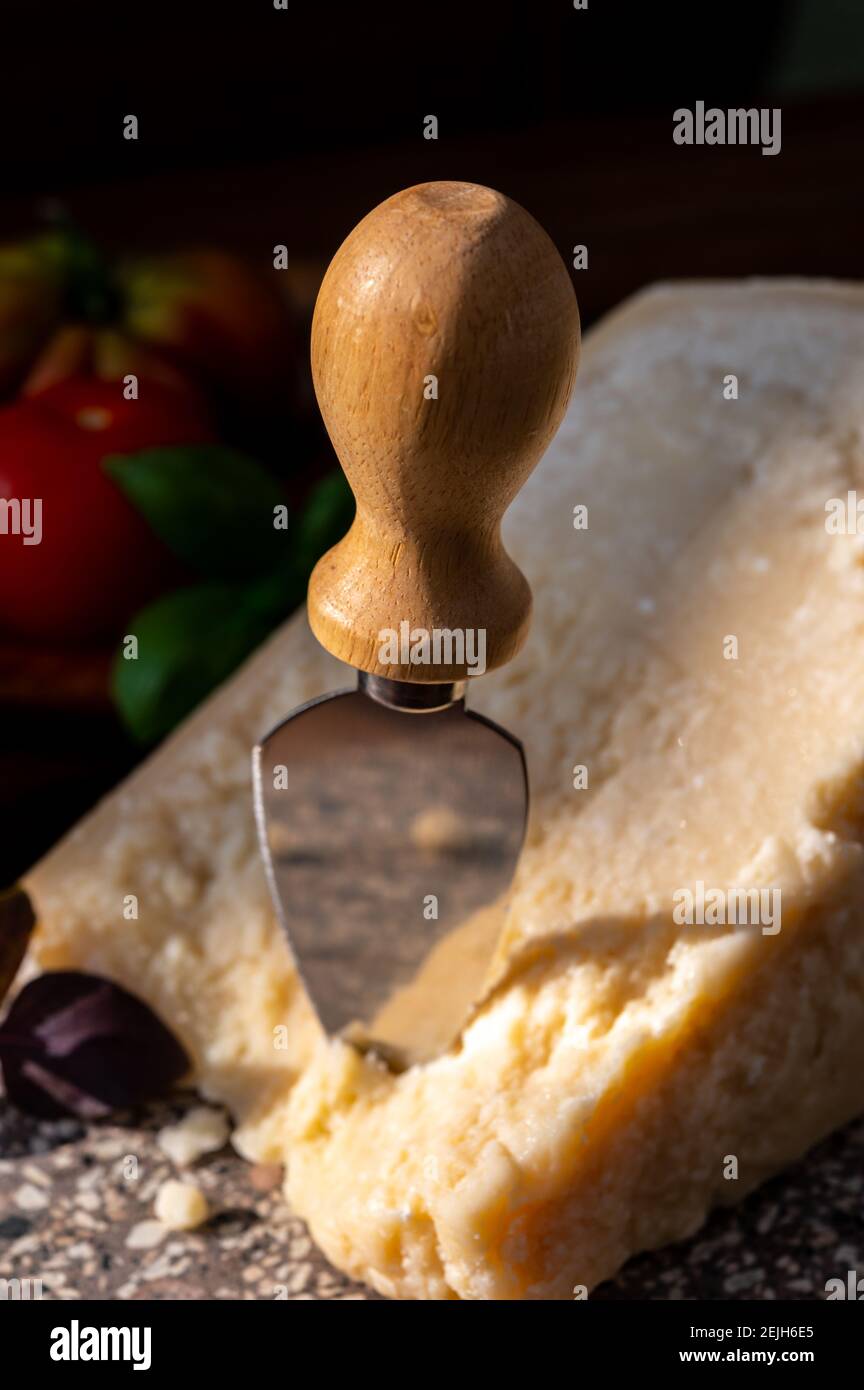 Cheese collection, hard yellow Italian cheese parmesan or parmigiano ...