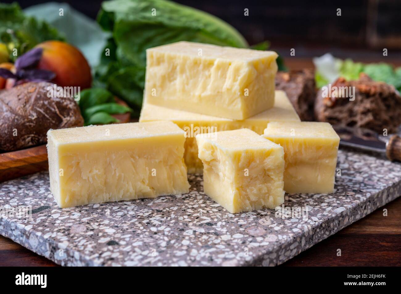 Cheese collection, pieces of aged British cheddar cheese close up Stock ...