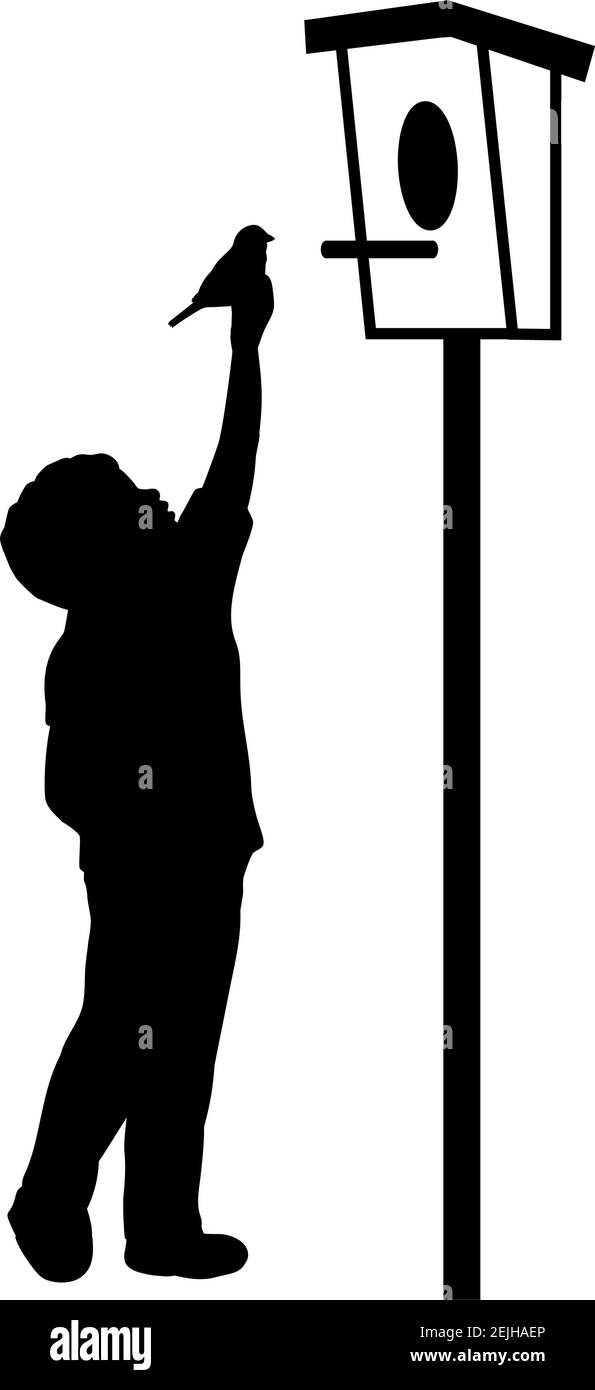 Silhouette little boy helping a bird to return home Stock Vector Image ...
