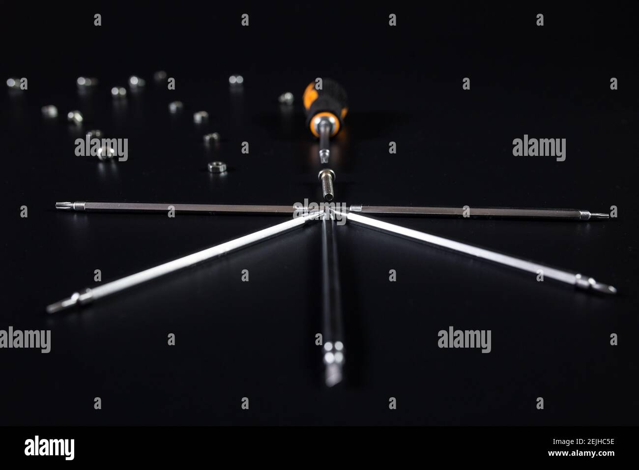 Electronic repair tools with hardwares on black background Stock Photo ...