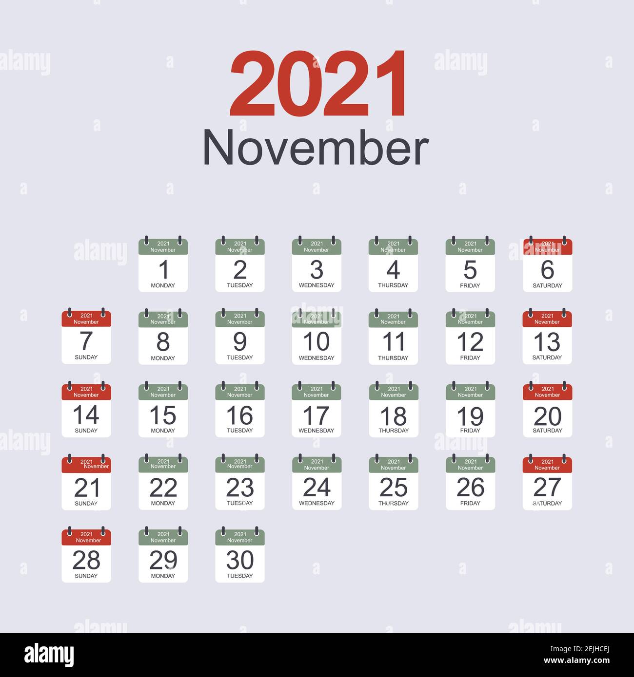 Monthly calendar template for November 2021 with daily date. Week ...