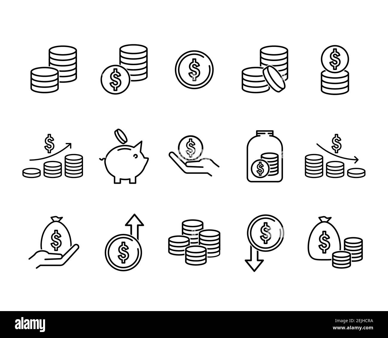 Coins flat icon set. Pictogram for web. Line stroke. Isolated on white ...