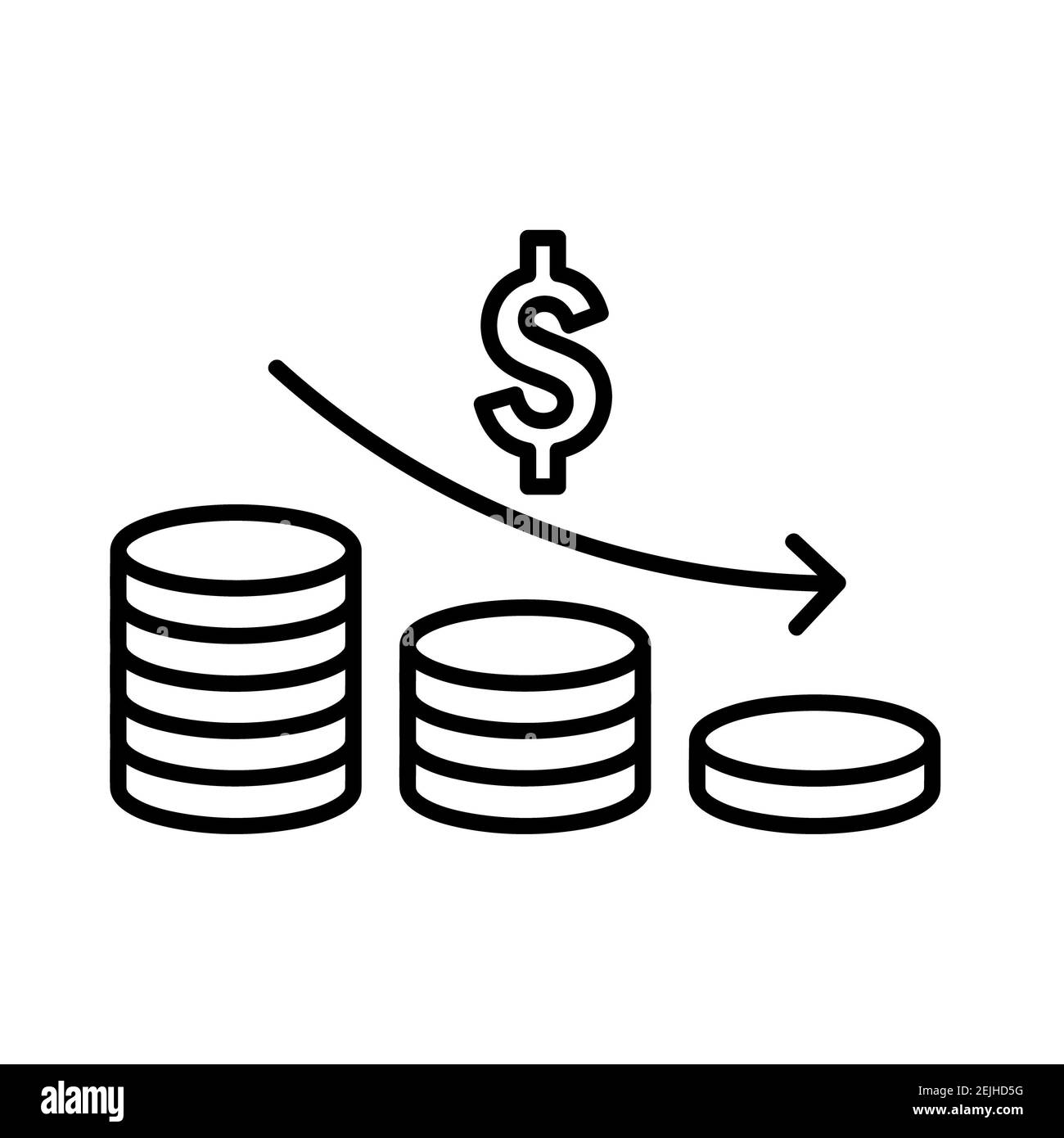 Dollar coins with down arrow flat icon. Pictogram for web. Line stroke ...