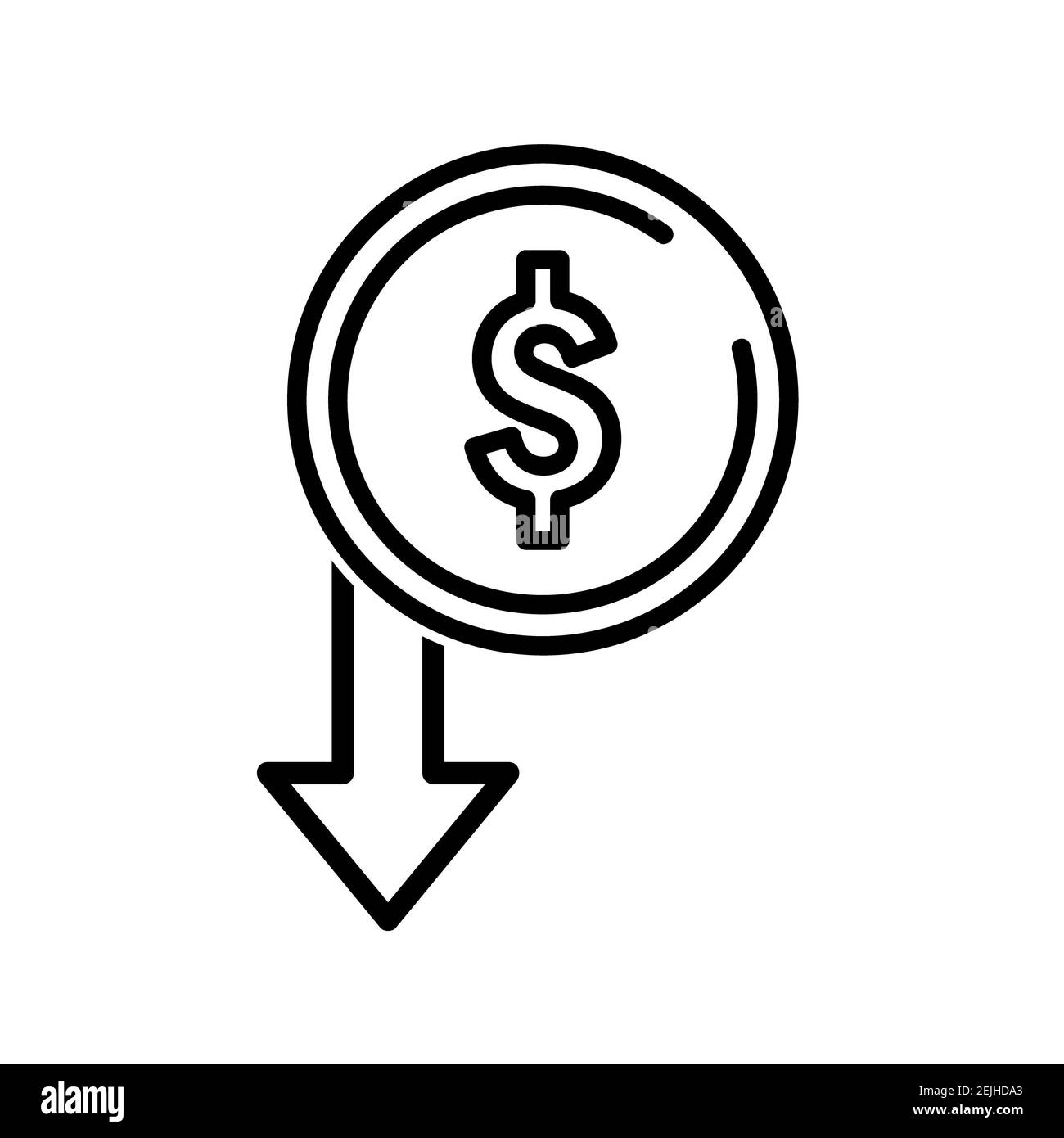 Coin with dollar sign and down arrow flat icon. Pictogram for web. Line ...