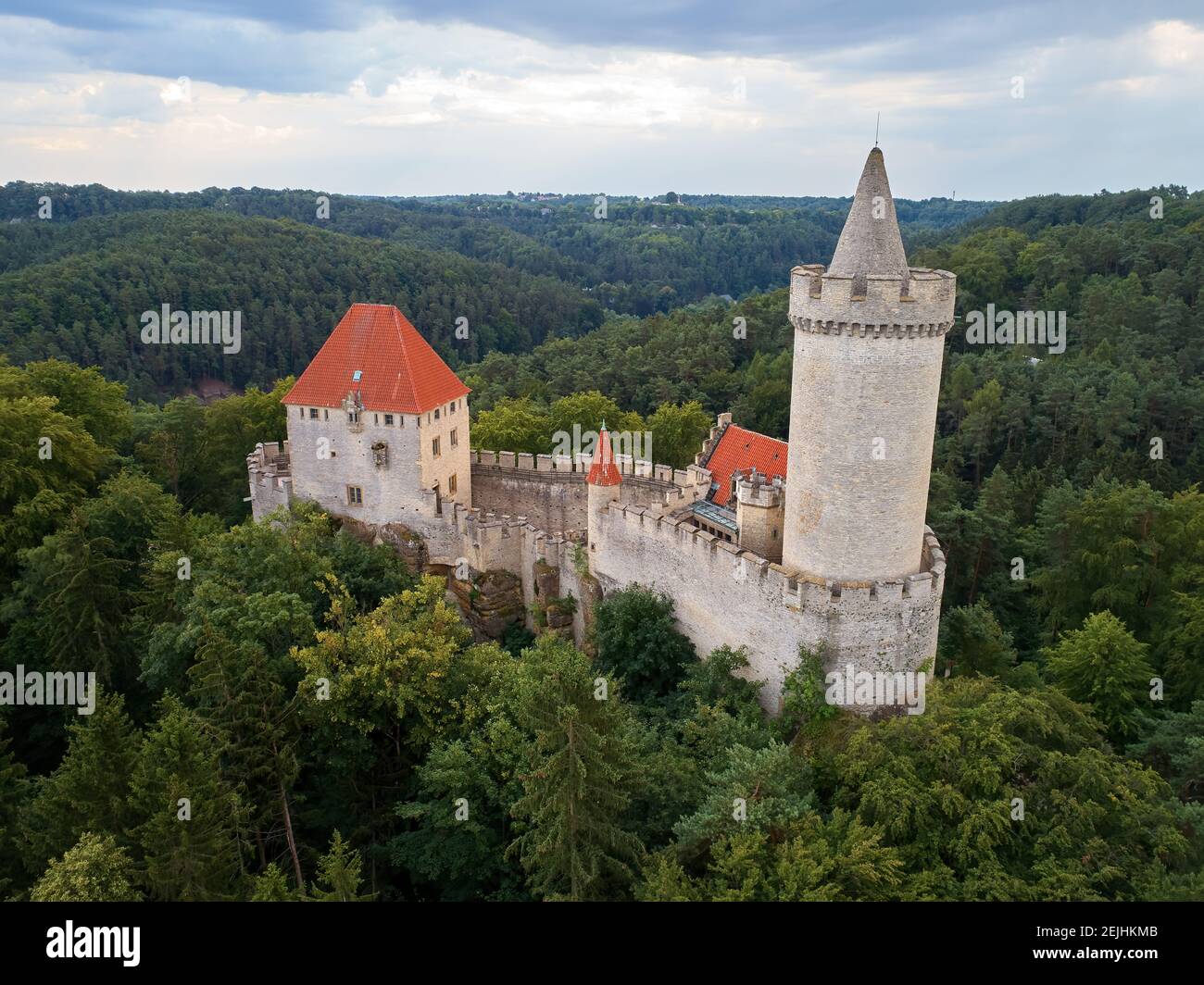 Aerial view of a medieval castle, Kokorin. Fortified palace with a ...