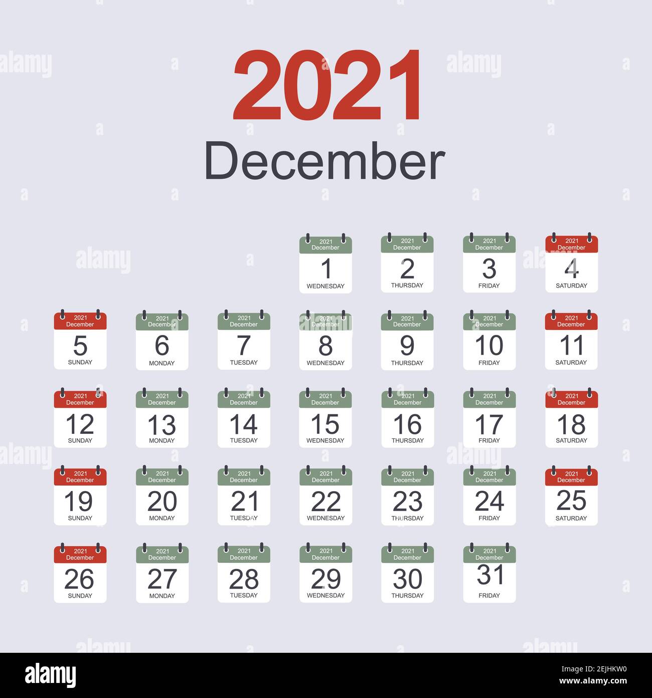Monthly calendar template for December 2021 with daily date. Week ...