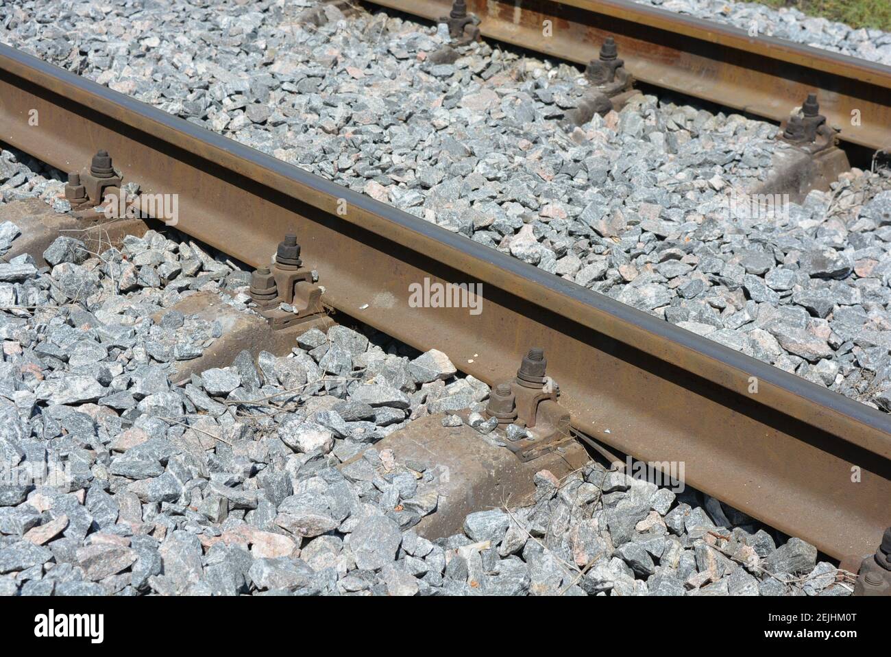 Repaired railroad tracks for freight trains with updated gray stone ...