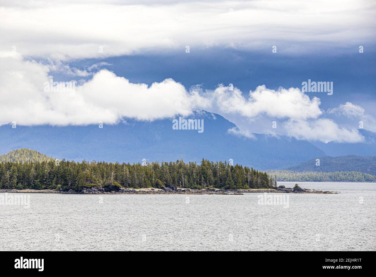 A moody view of the NW Pacific coast at Princess Royal Island, British ...