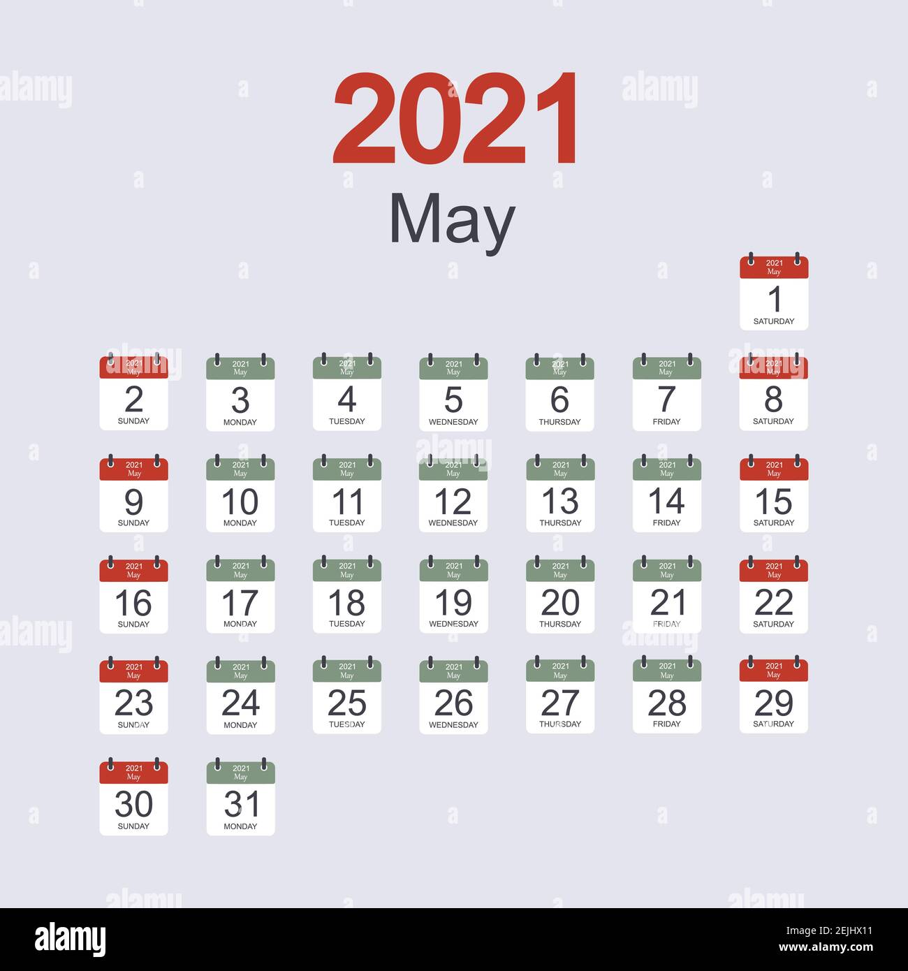 Monthly calendar template for May 2021 with daily date. Week starts on ...