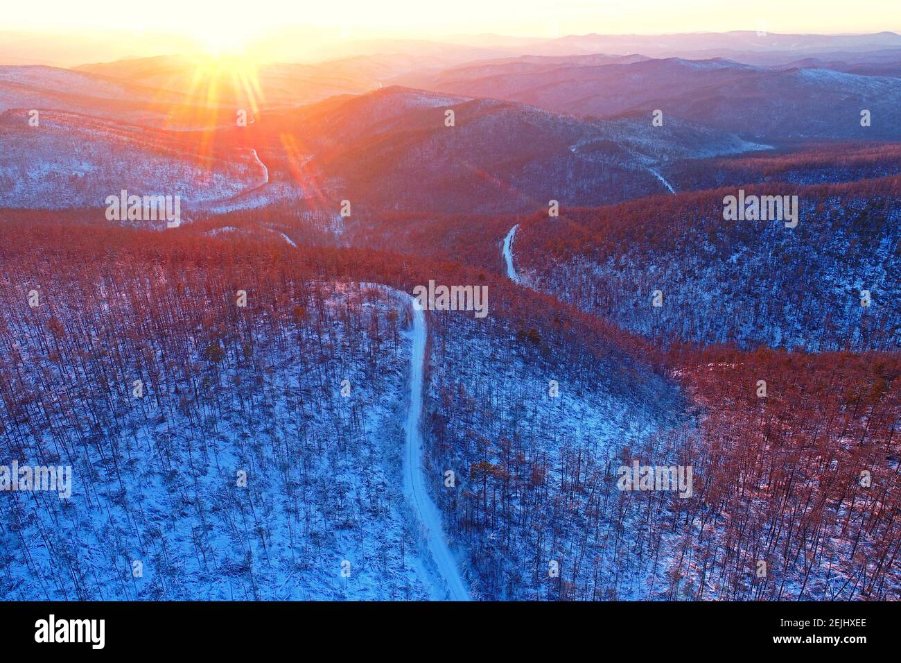 --File--Aerial view of Daxing'anling Forest at dusk in Da Hinggan Ling ...