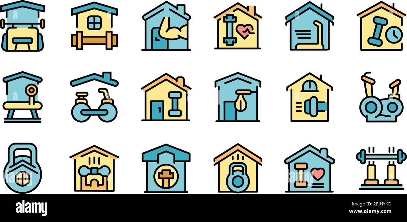 Home gym icons set. Outline set of home gym vector icons thin line ...
