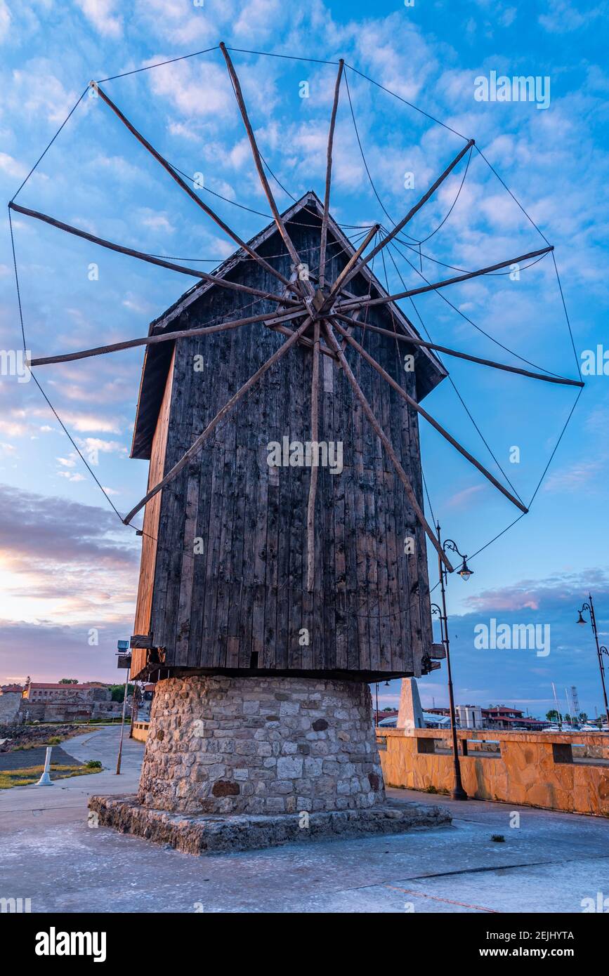 Wooden windmill at the entrance to the old town of Nessebar Stock Photo ...