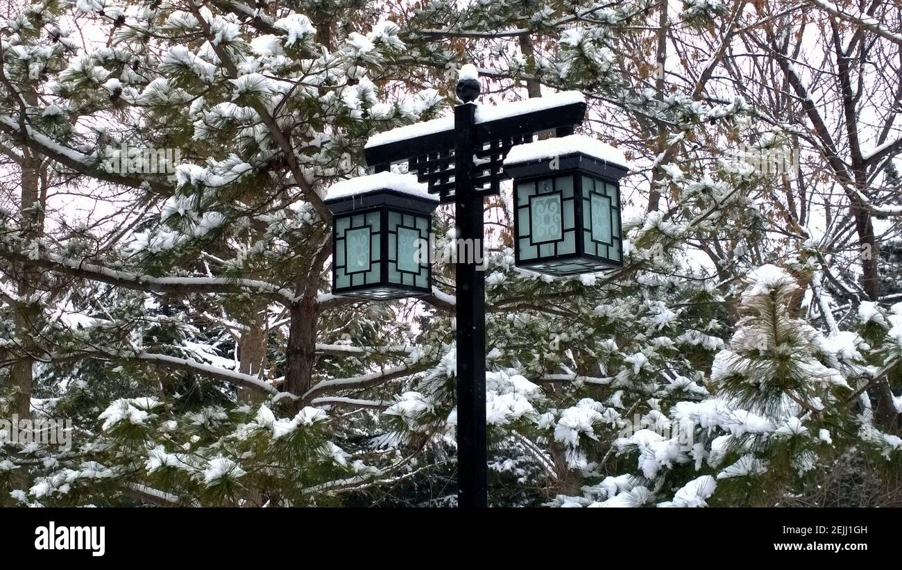 The snow covers the Park of the Temple of the Moon, an altar for the ...