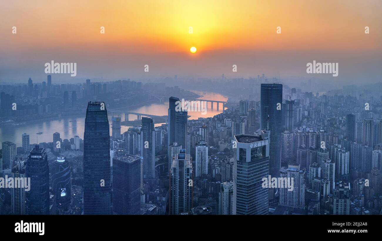 Aerial view of the skyscrapers and streets in Chongqing, China, 10 ...