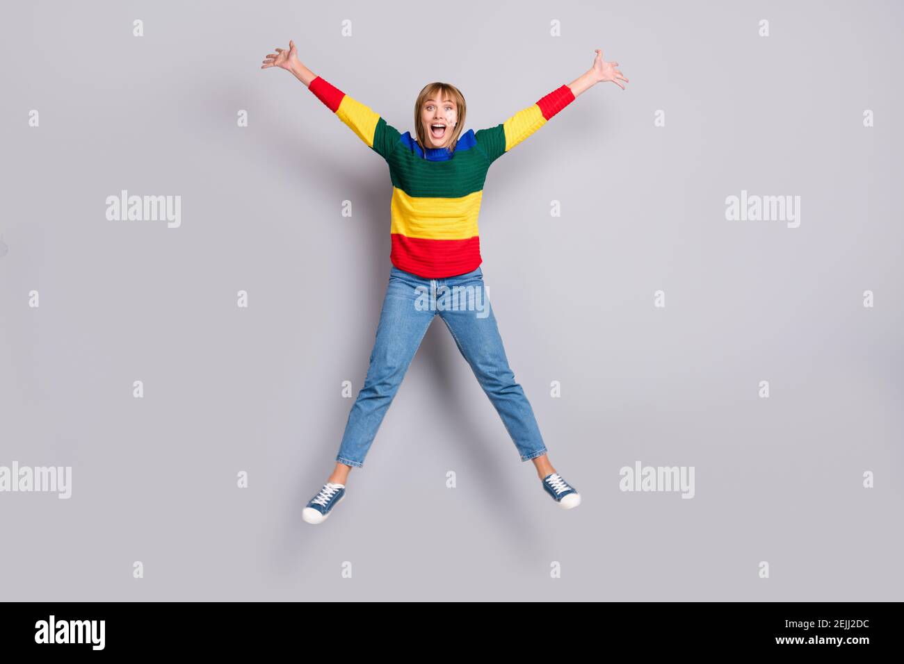 Full length body size photo of happy girl jumping like star careless ...