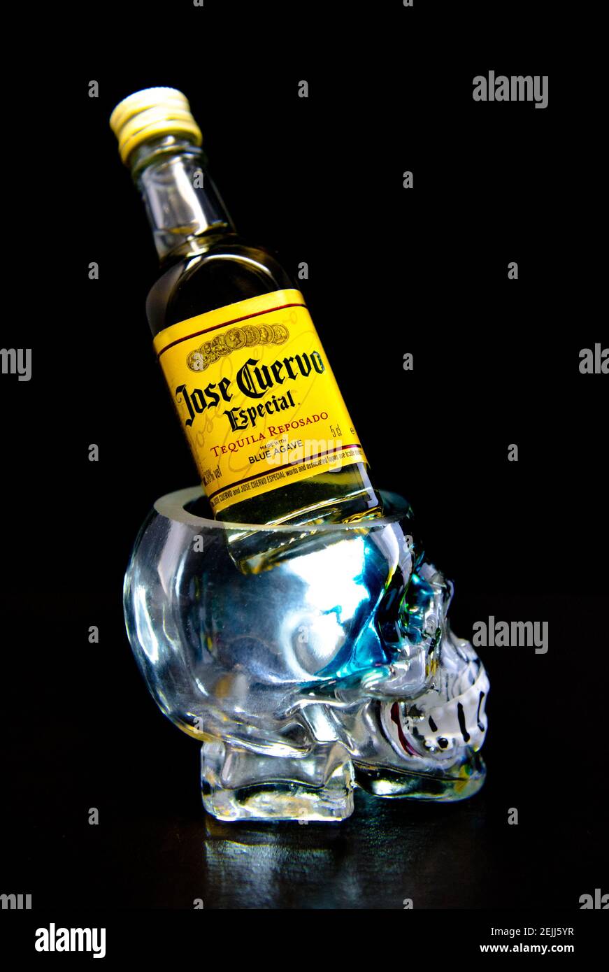 5cl bottle of Jose Cuervo tequila with transparent human skull Stock ...