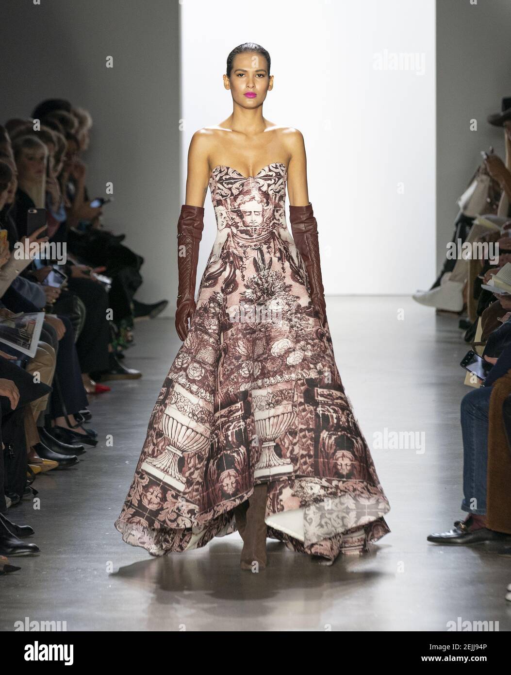 Model walks runway for Dennis Basso collection during Fashion Week at ...
