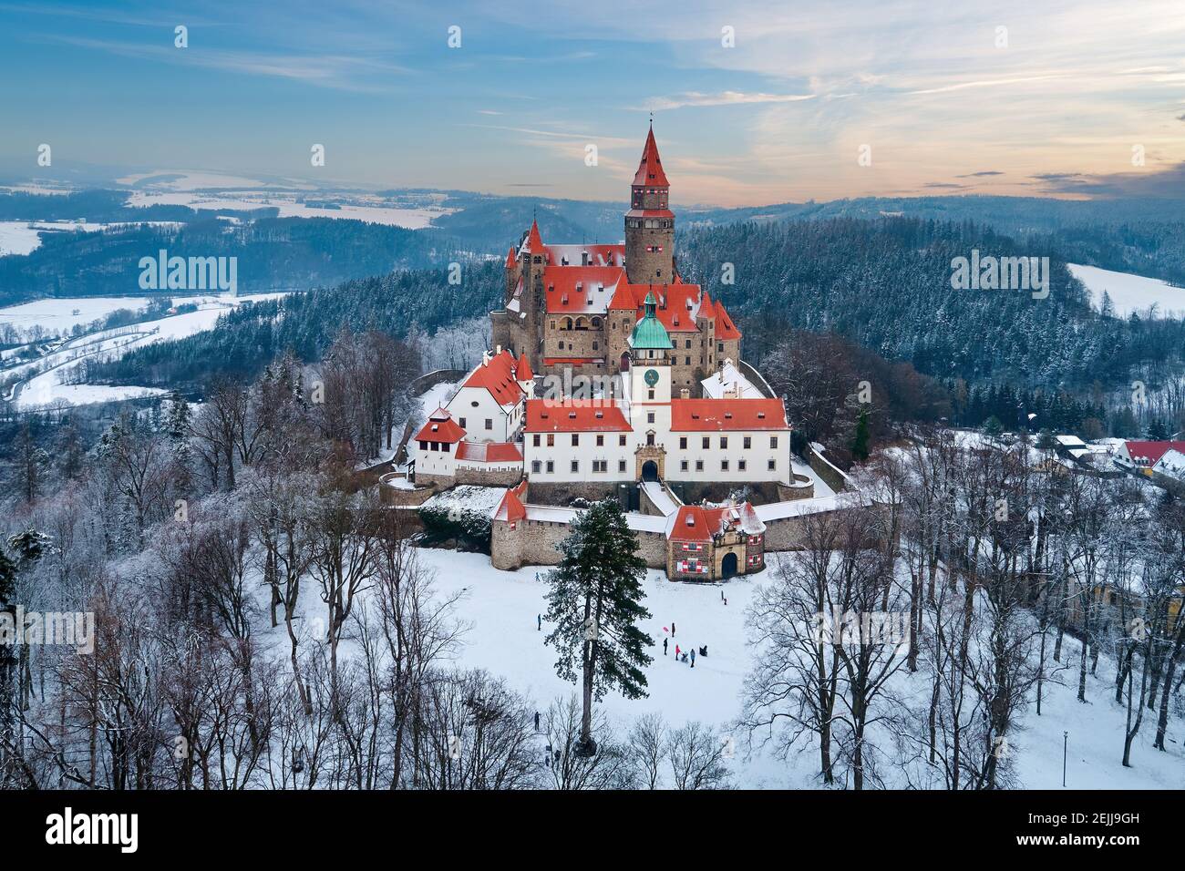 Castle in winter. Romantic fairytale castle in picturesque highland ...
