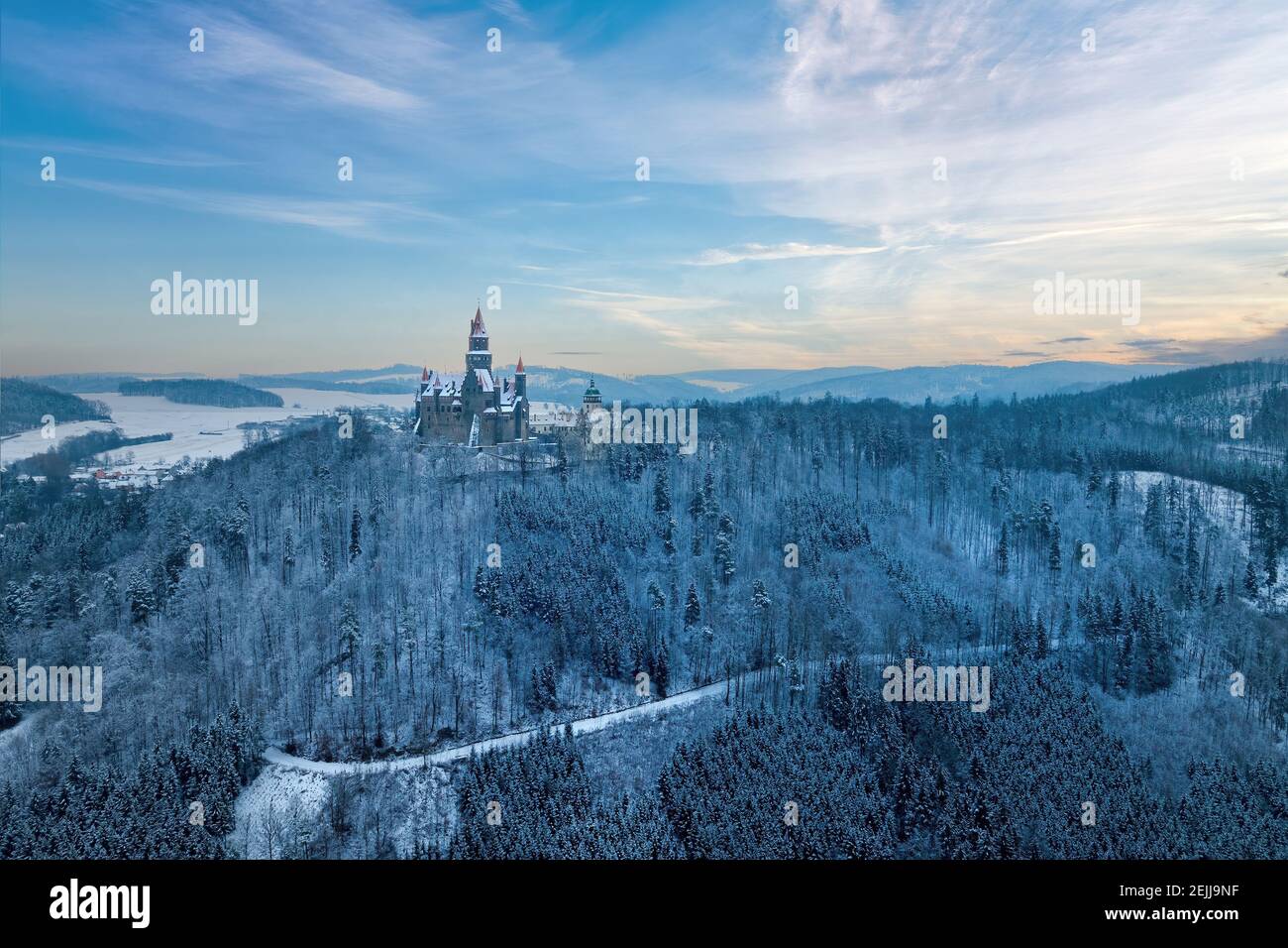 Castle in winter. Romantic fairytale castle in picturesque highland ...