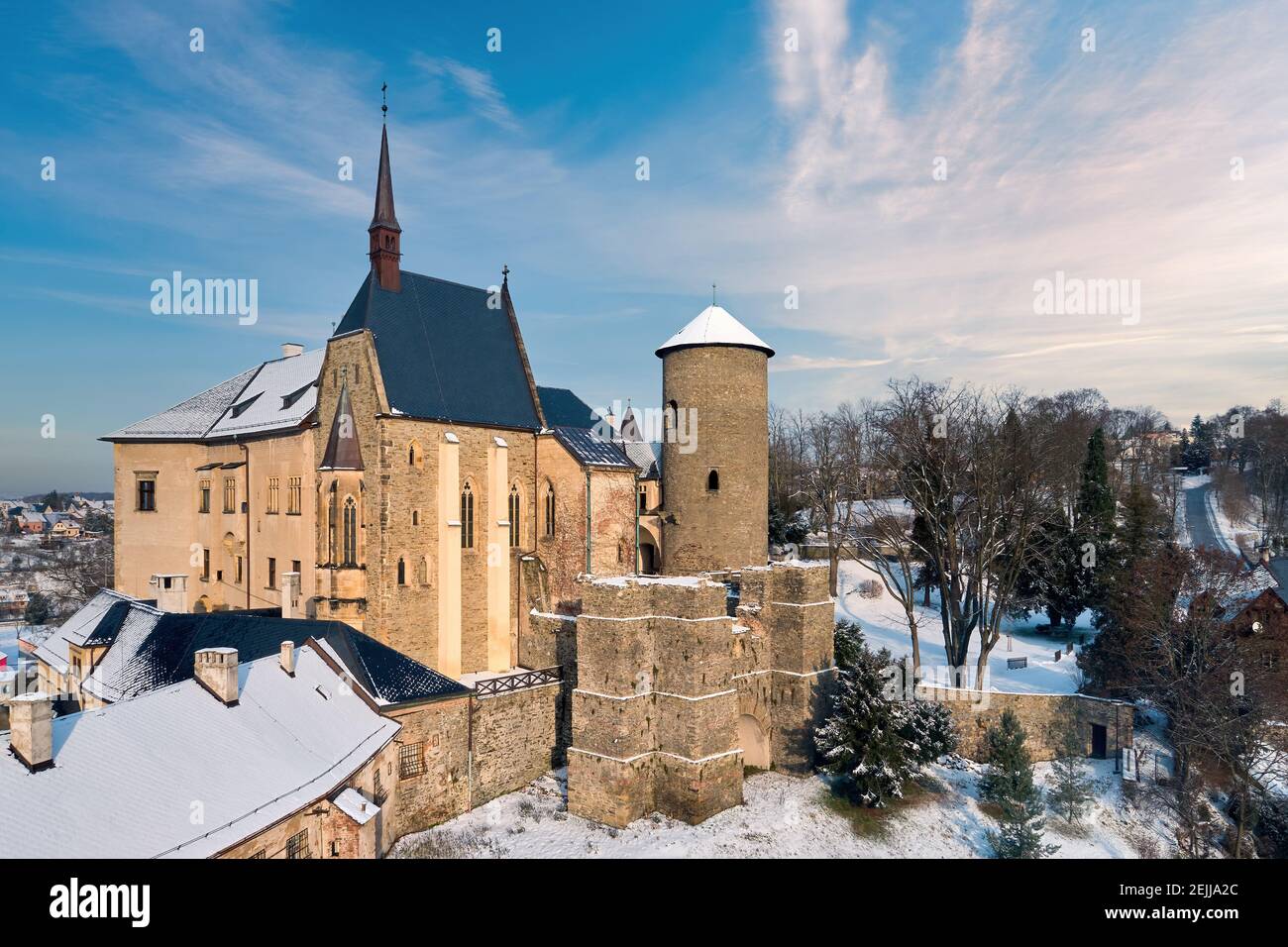 Aerial, winter view of an authentic renaissance castle Sternberk and ...