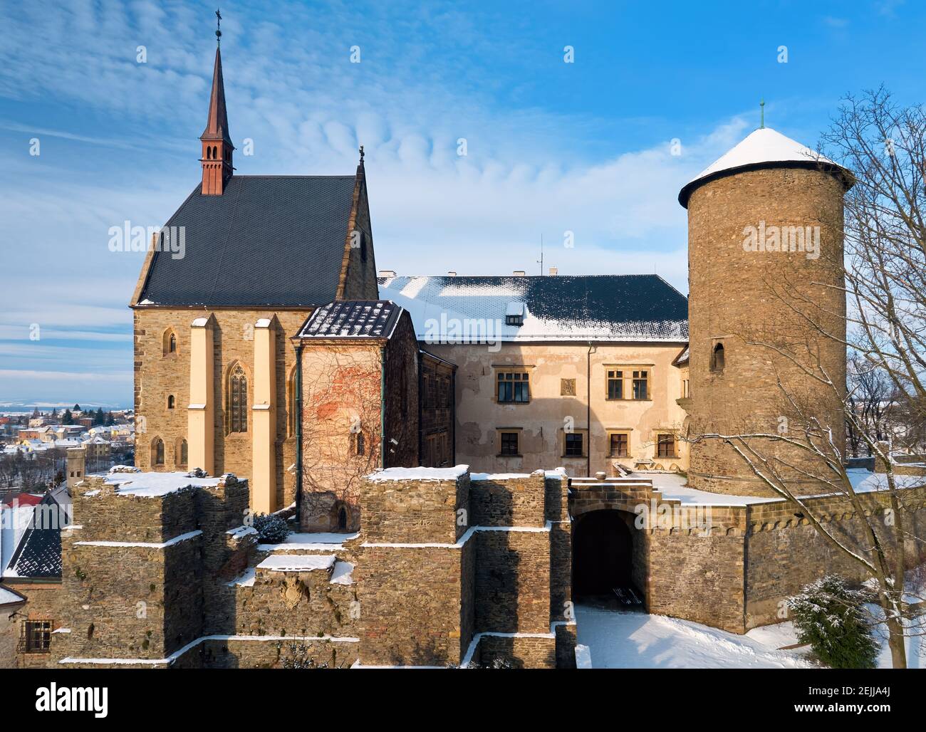 Aerial, winter view of an authentic renaissance castle Sternberk and ...