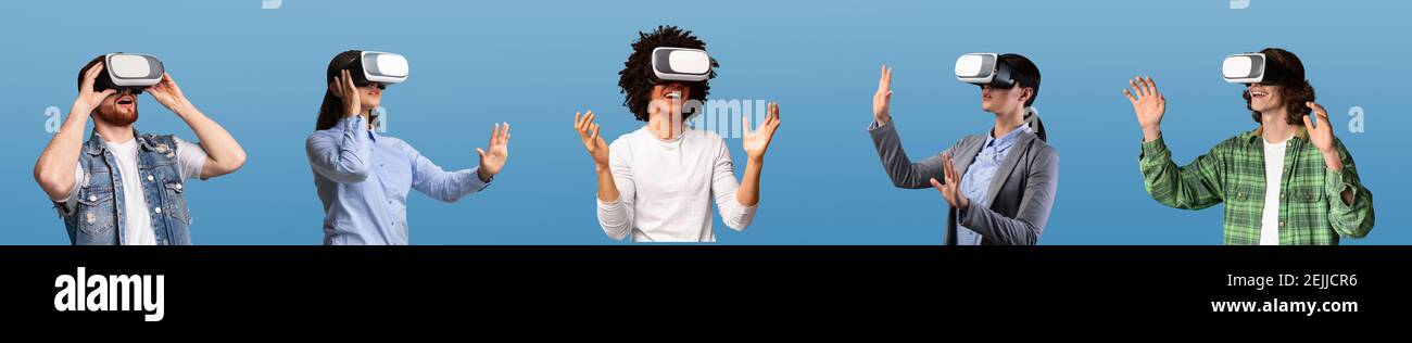 Millennials In VR Headsets Experiencing Virtual Reality, Blue ...