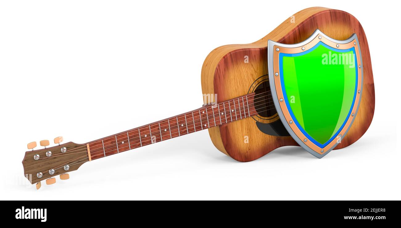 Acoustic guitar with shield, 3D rendering isolated on white background ...