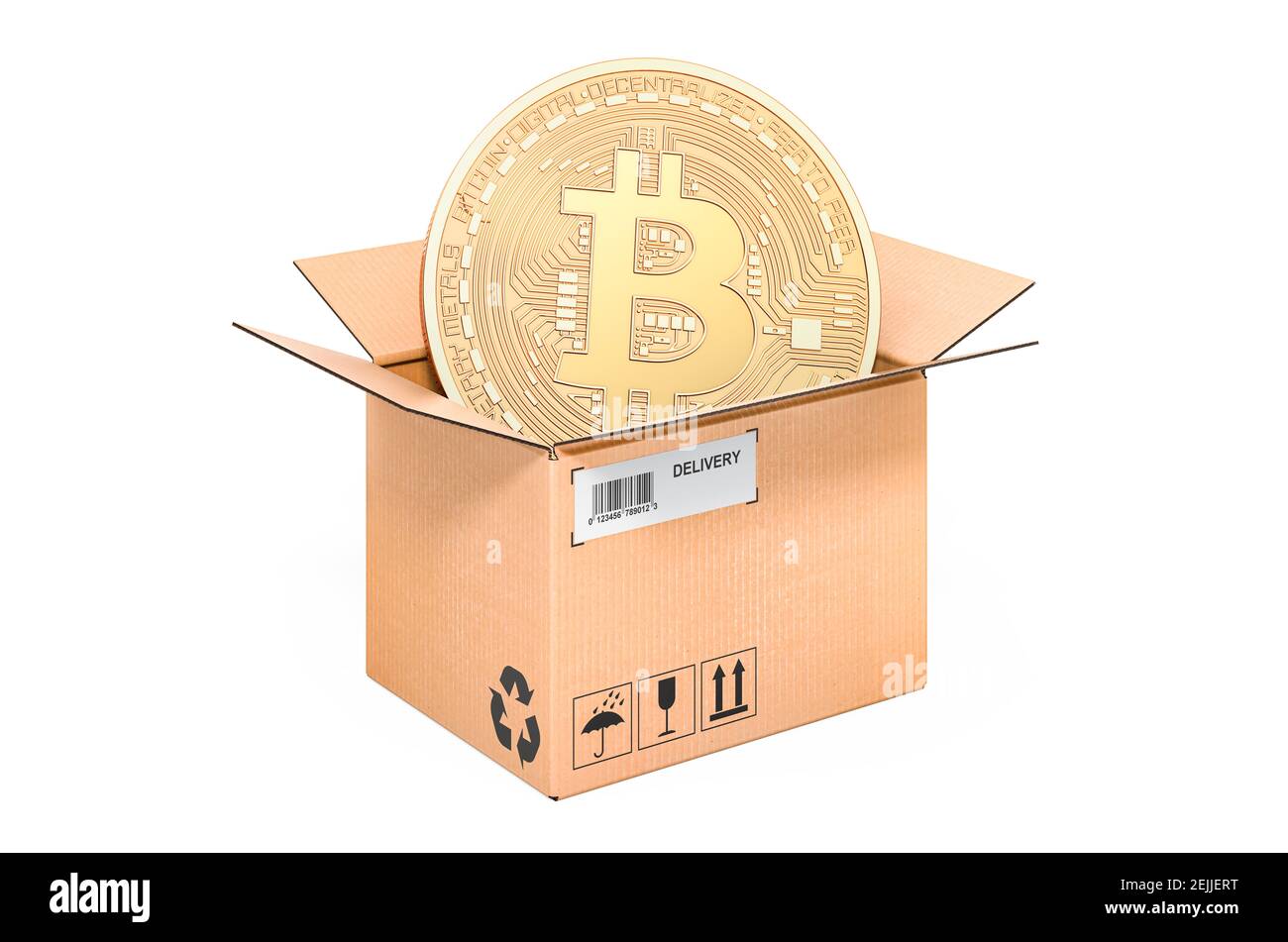 Bitcoin inside cardboard box, 3D rendering isolated on white background ...