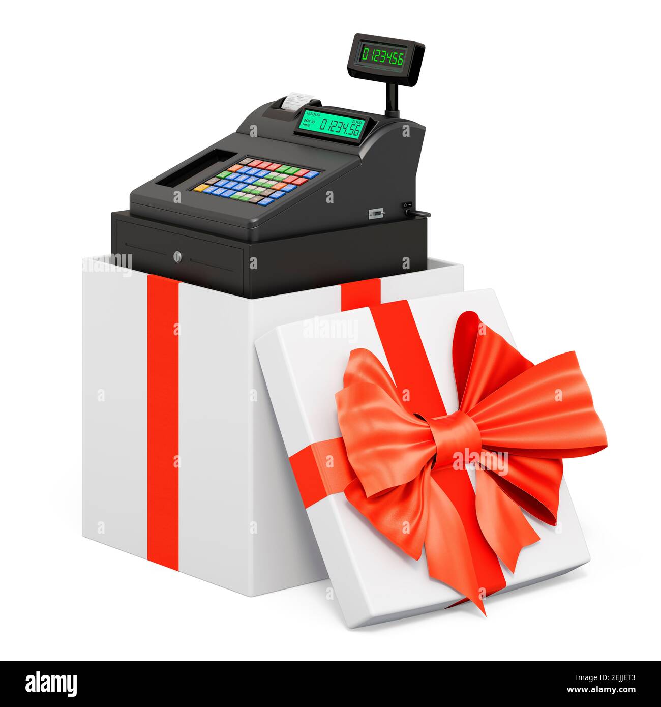 Cash register inside gift box, present concept. 3D rendering isolated ...