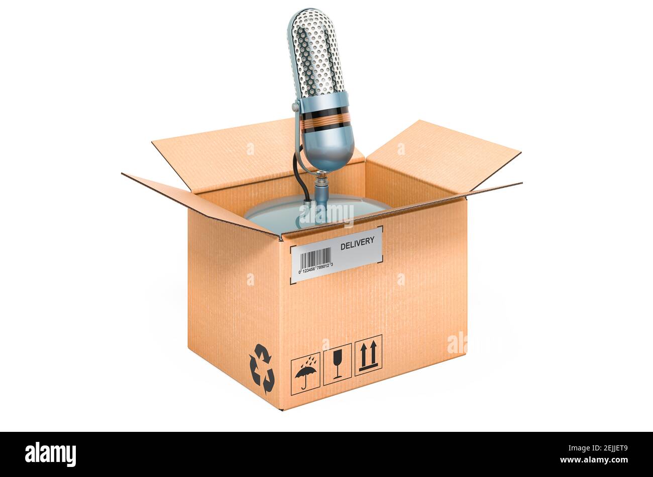 Microphone retro inside cardboard box, delivery concept. 3D rendering ...