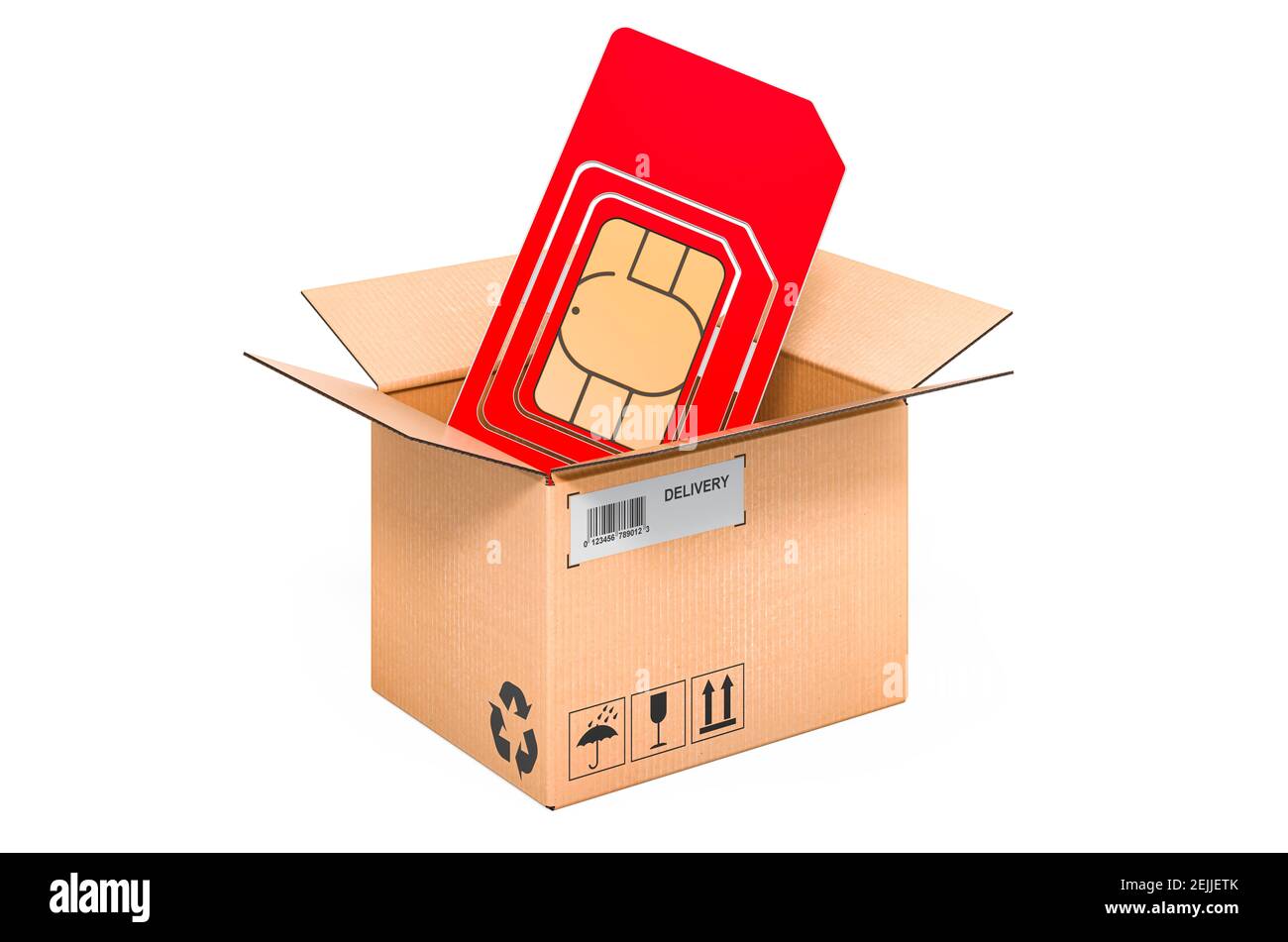 Sim card inside cardboard box, delivery concept. 3D rendering isolated ...