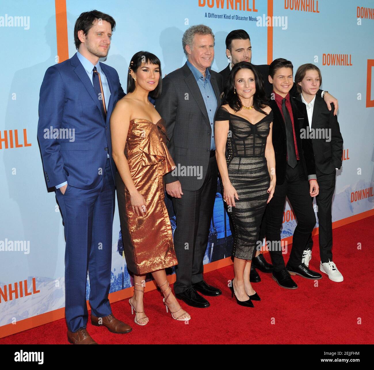 The cast of Downhill, L-R: Zach Woods, Zoe Chao, Will Ferrell, Julia ...