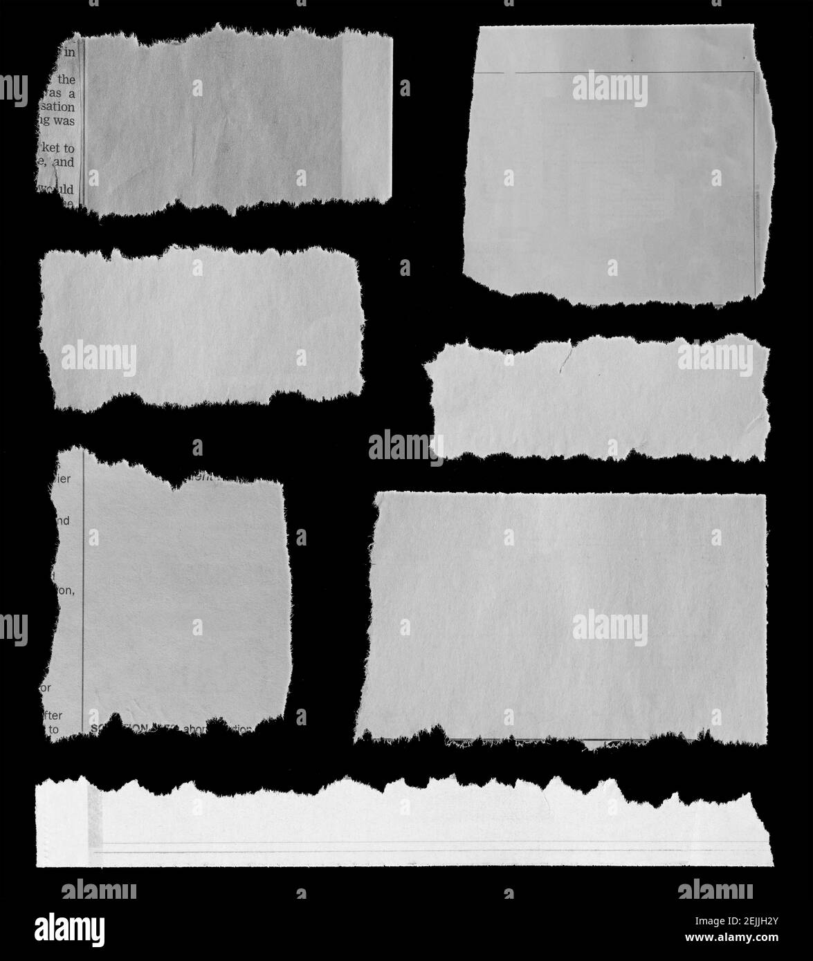 Seven pieces of torn newspaper on black background Stock Photo - Alamy