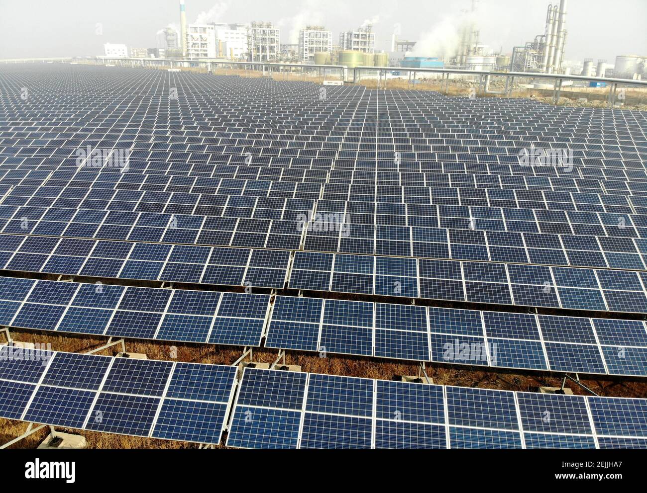 View of arrays of solar panels at a photovoltaic power station in ...