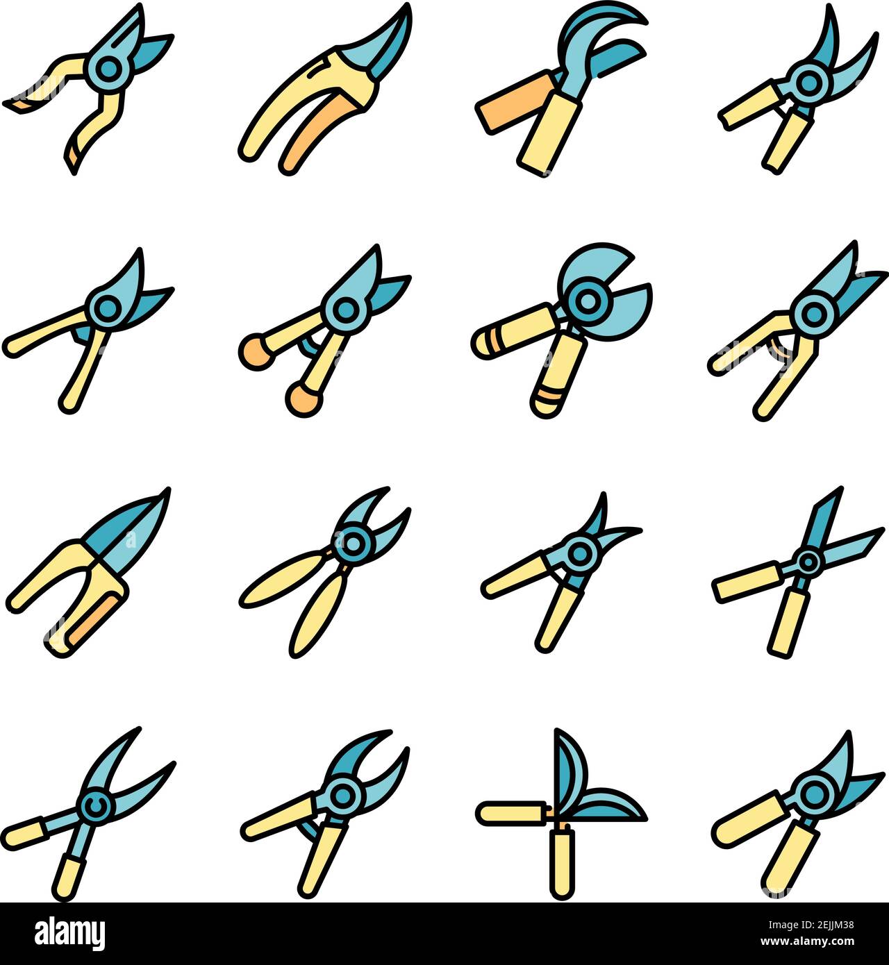 Secateurs icons set. Outline set of secateurs vector icons thin line ...