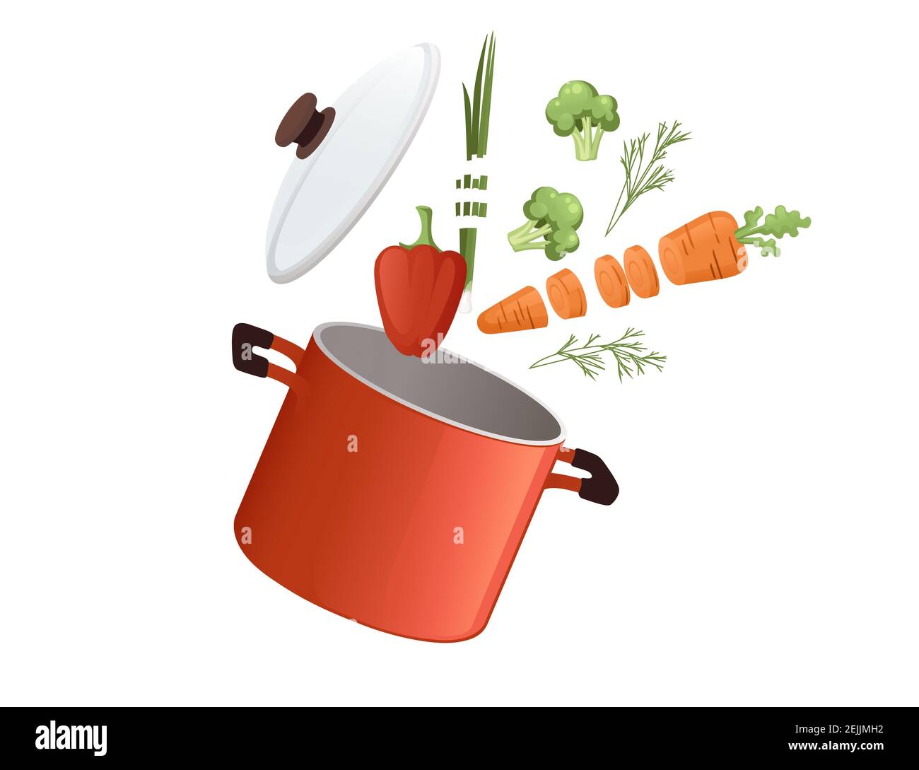 Stainless red saucepan with glass lid and wooden handle with chopped ...