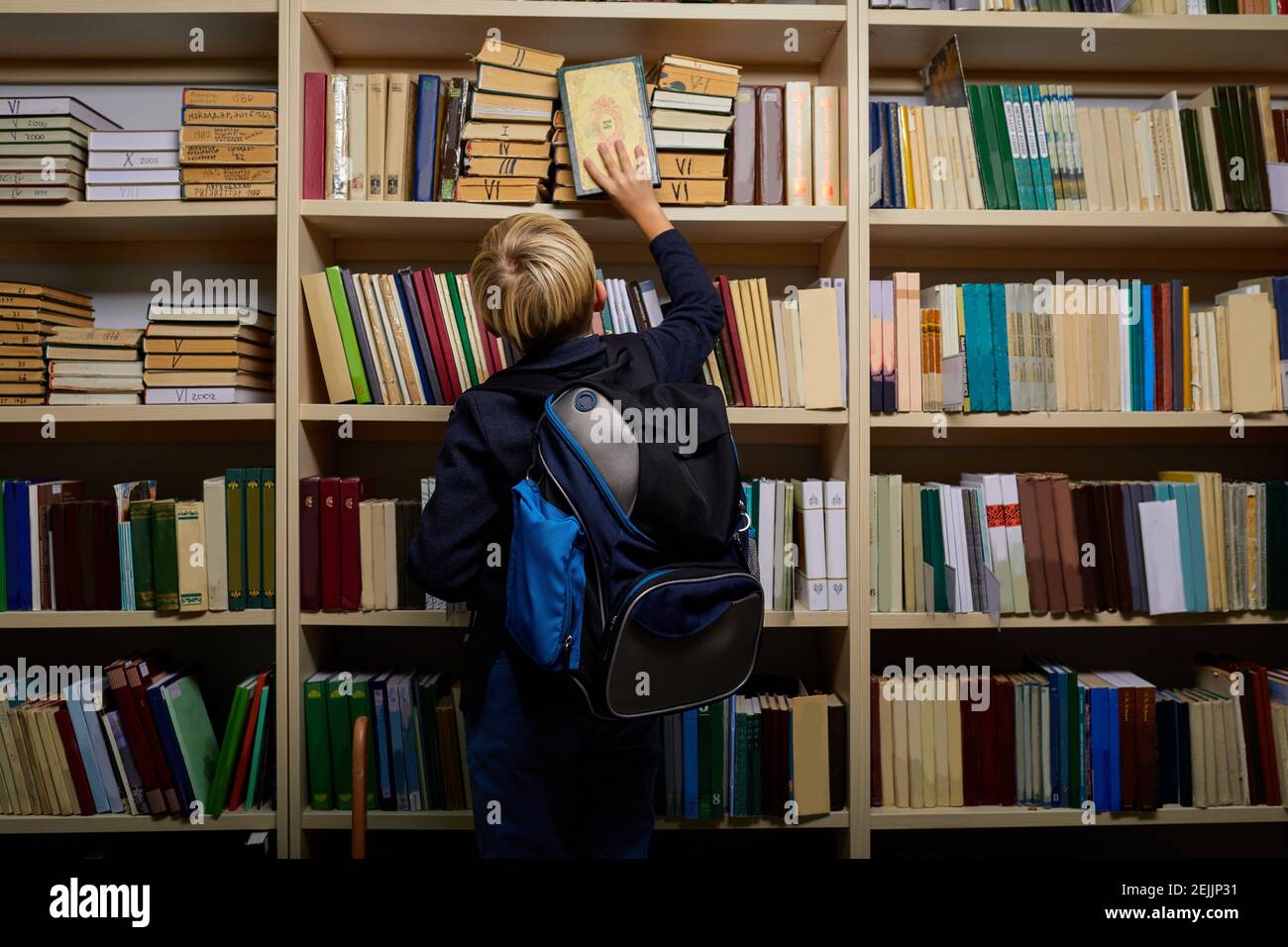 rear view on pupil boy in library, boy taking a book from multi colored ...