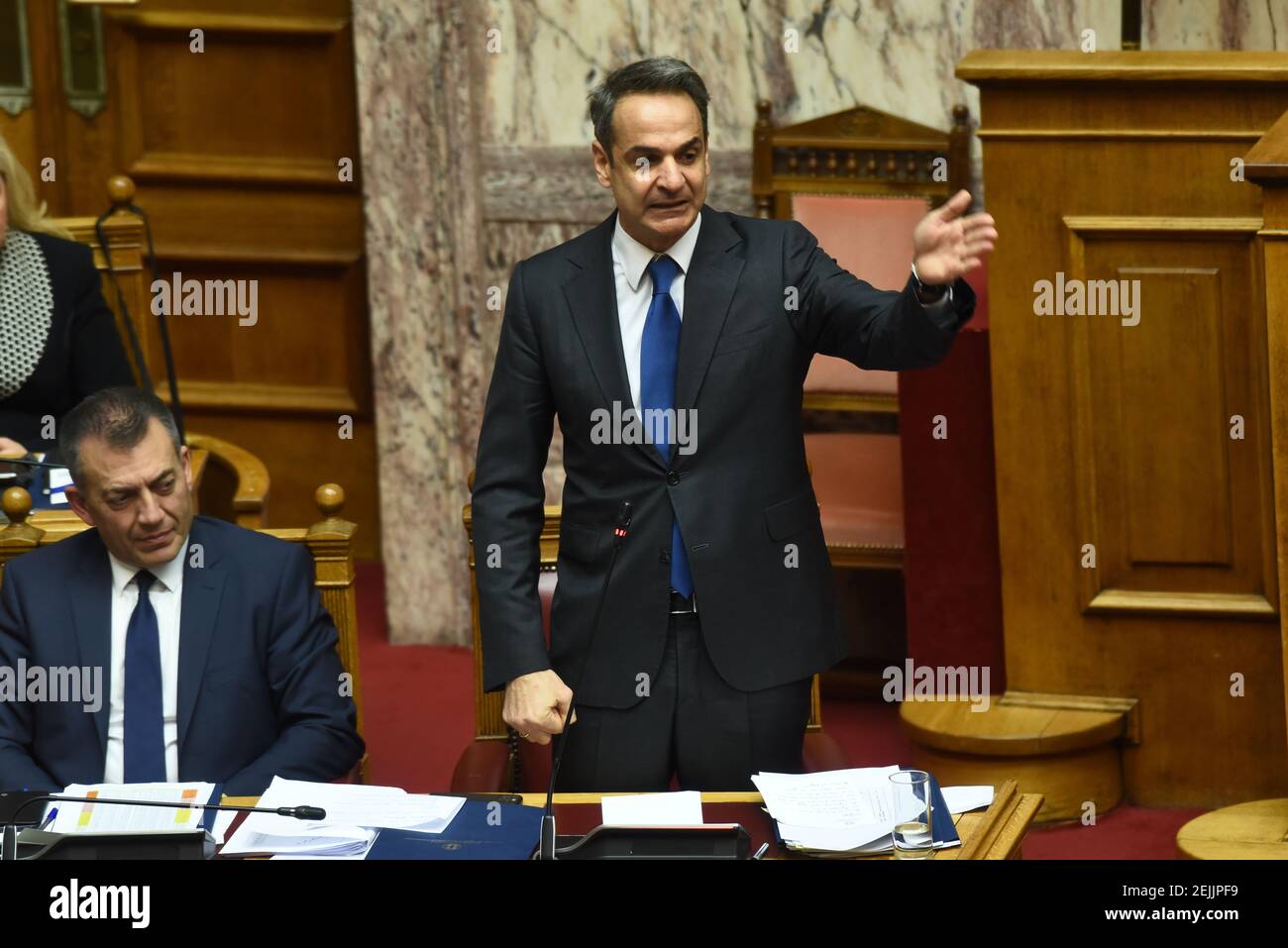Greek Prime Minister Kyriakos Mitsotakis, during his second speech in ...