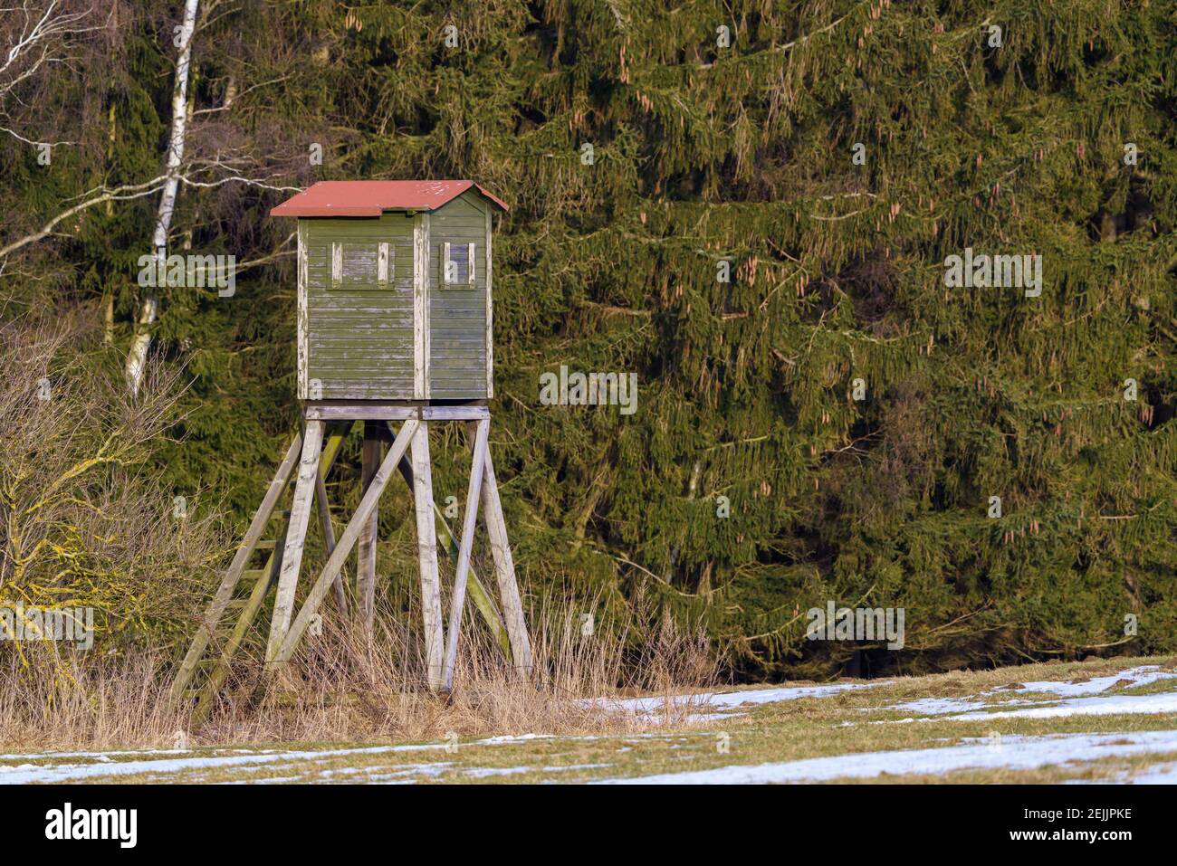 Wooden lookout tower for hunting in the woods and on meadow Stock Photo ...