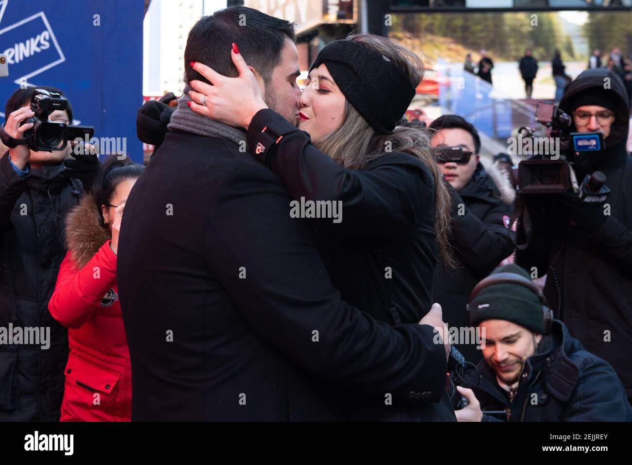 Adrian Lopez kisses his fiancée Claudia Sofia after he proposed to her on Valentine's Day in ...