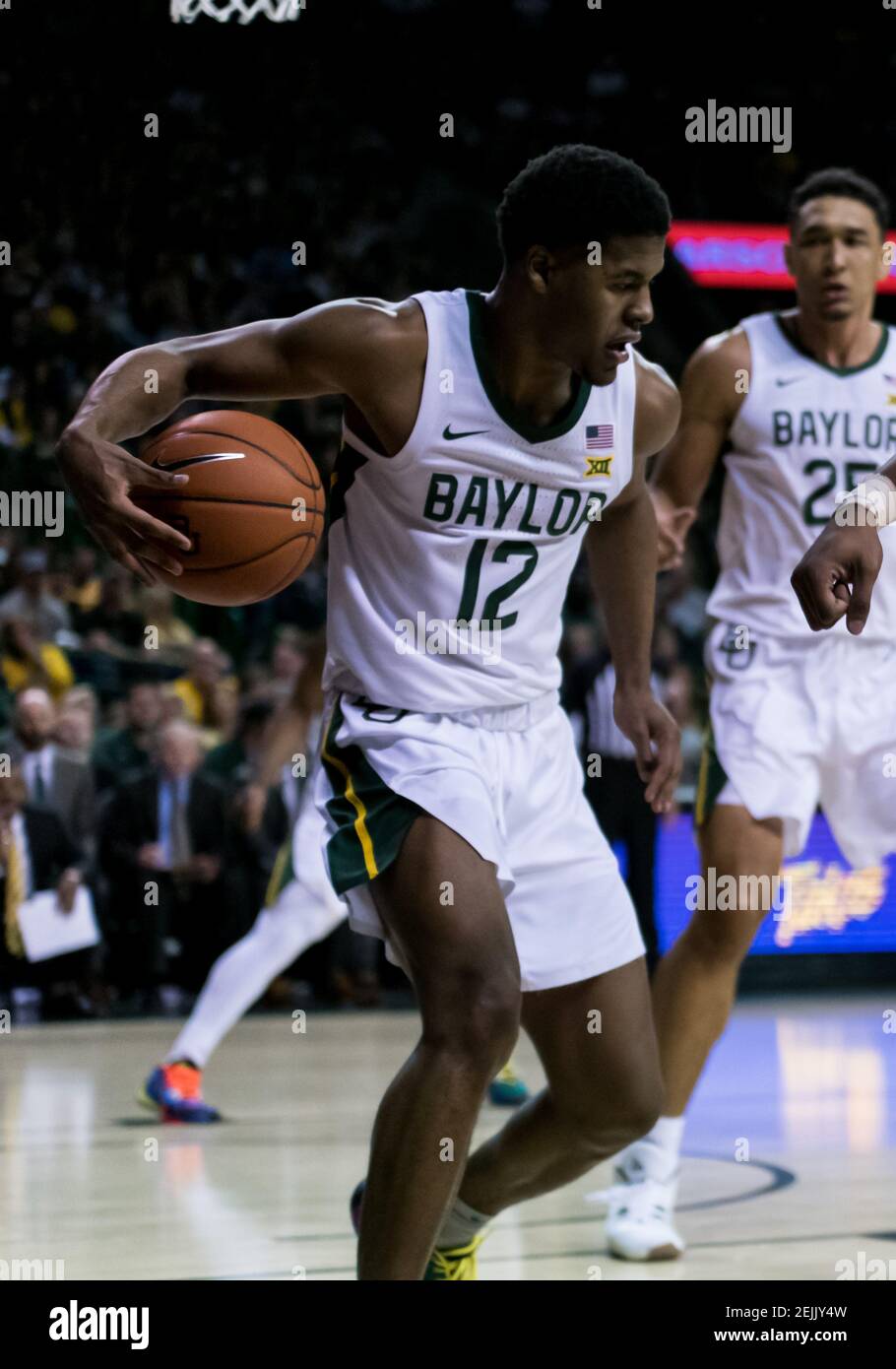 February 15 2020: Baylor Bears guard Jared Butler (12) rebounds the ...
