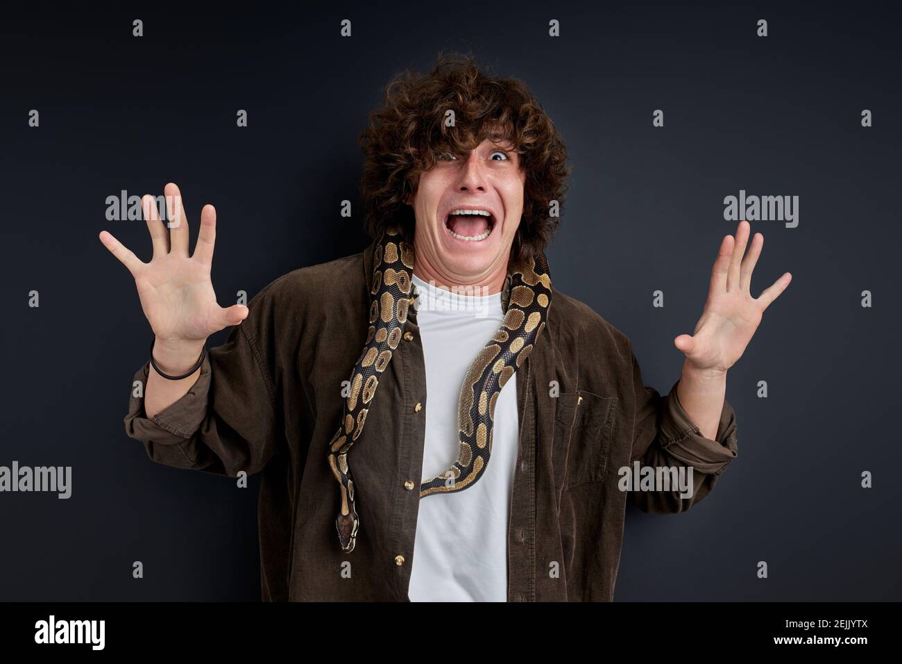 male stands terrified with a snake on his body, shouting, screaming by ...
