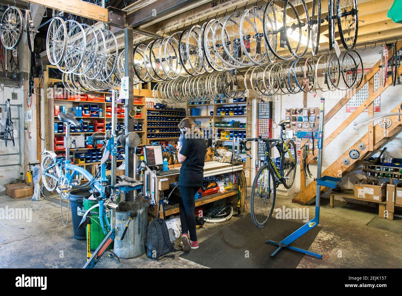 Lots of bike wheels and parts in stock for a cycle repair business ...