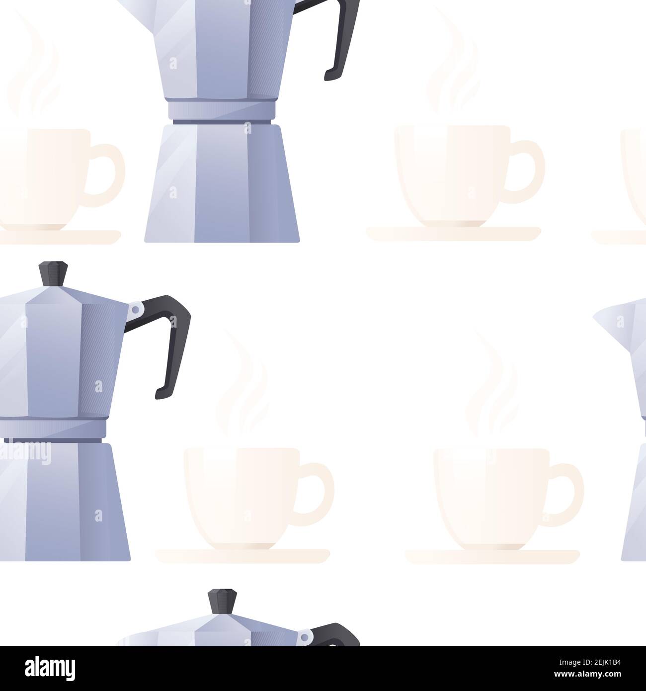Seamless pattern with metal kettle with white ceramic cup on saucer ...