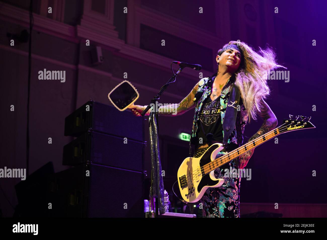 Lexxi Foxx of Glam-Metal Act Steel Panther performs live on stage ...