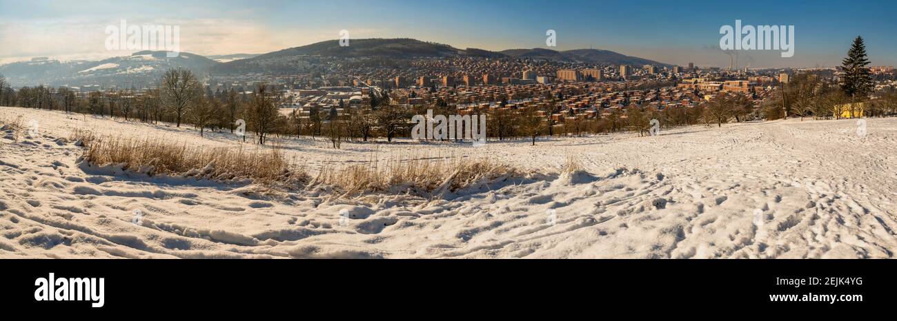 Panorama of famous city Zlin in valley between hills with typical red ...