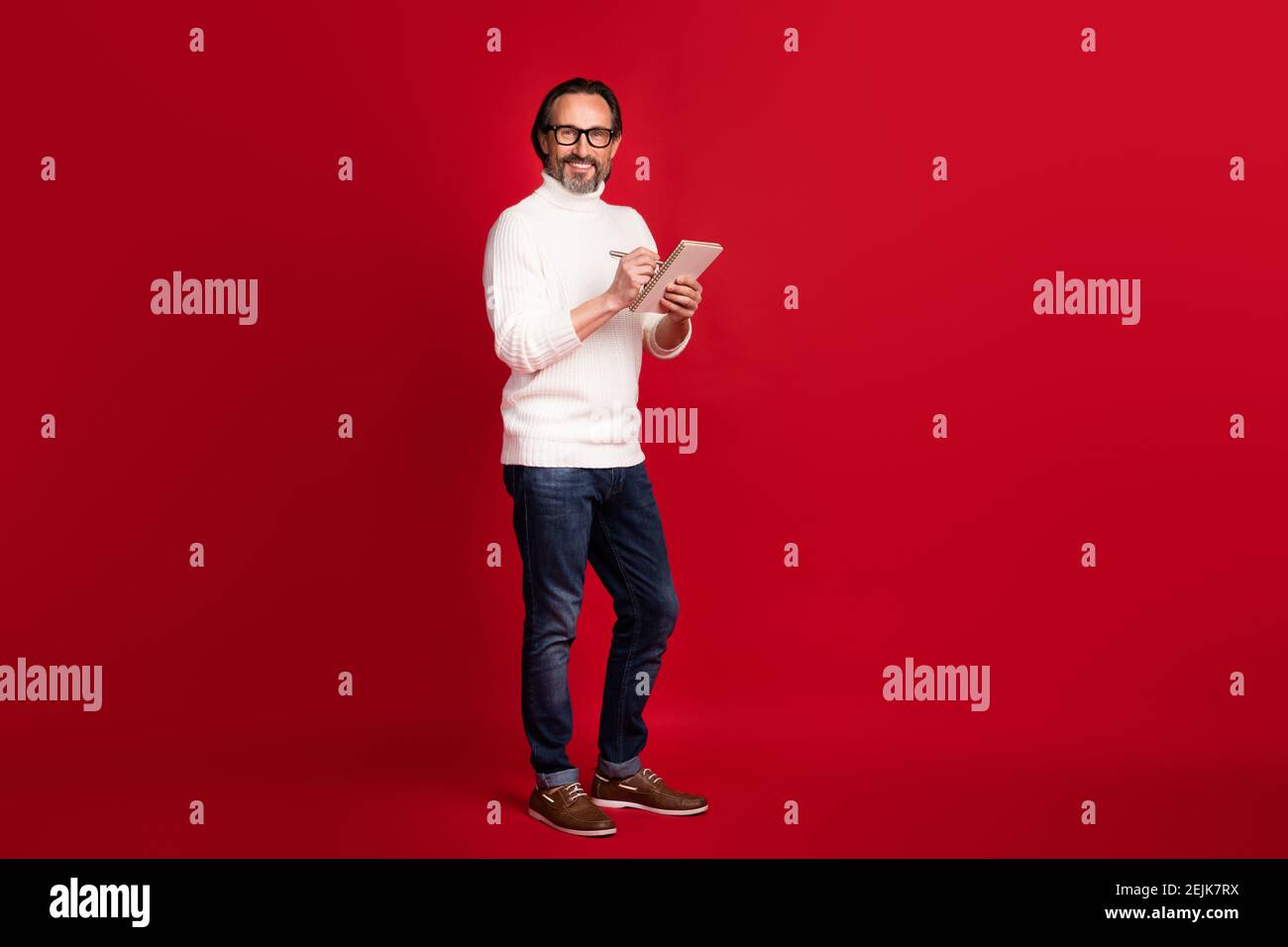 Full length body size side profile photo of aged man writing list with ...