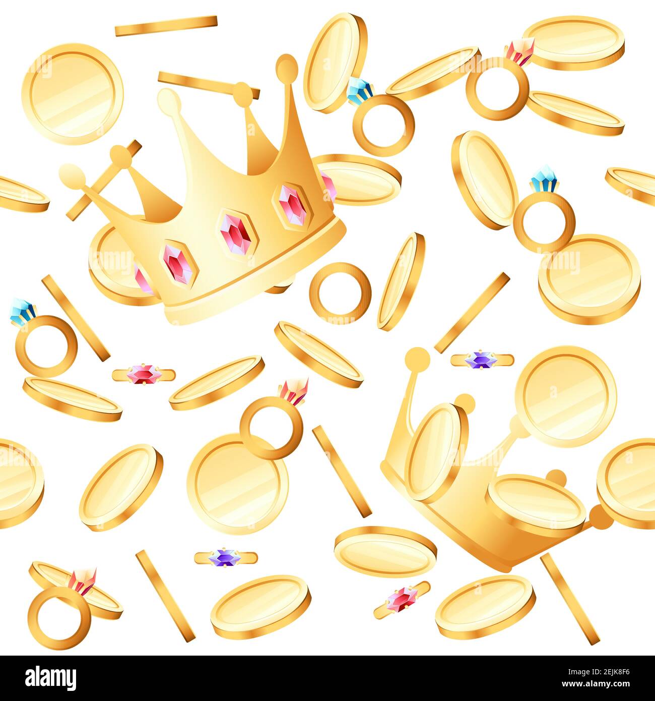 Seamless pattern of variety golden treasures crown gems coins vector ...
